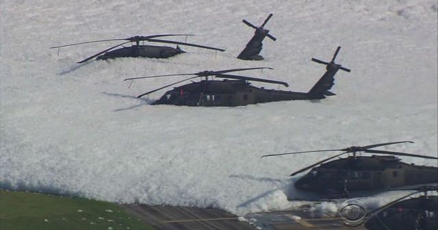 Anti-fire foam spills at Oklahoma military base, covering copters - CBS ...