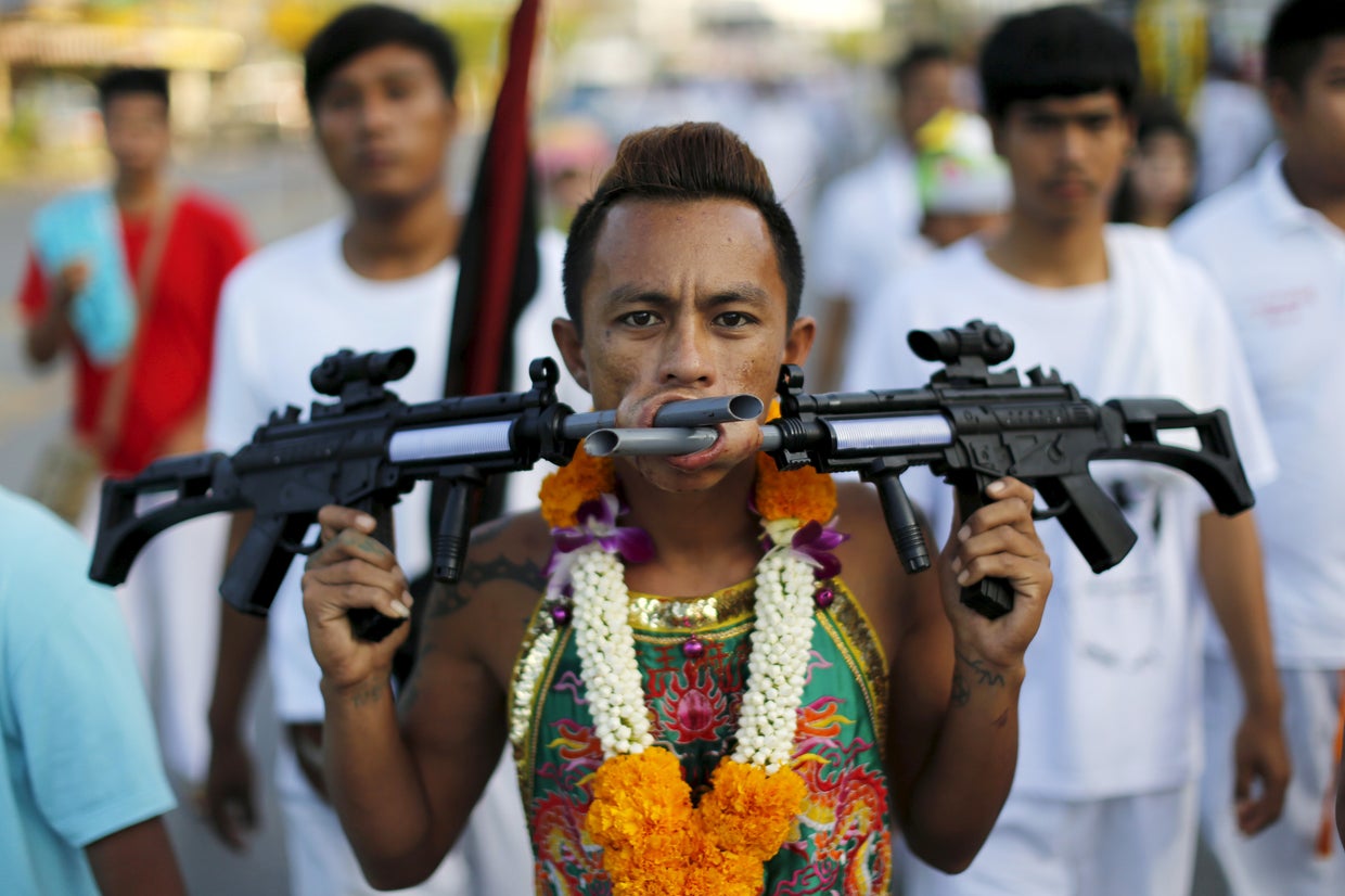Bizarre piercings at Phuket Vegetarian Festival