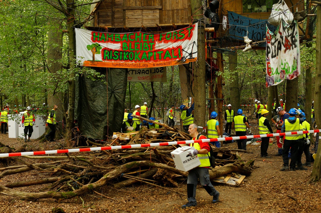 Germany police in Hambach ancient forest to protect RWE coal mine staff ...