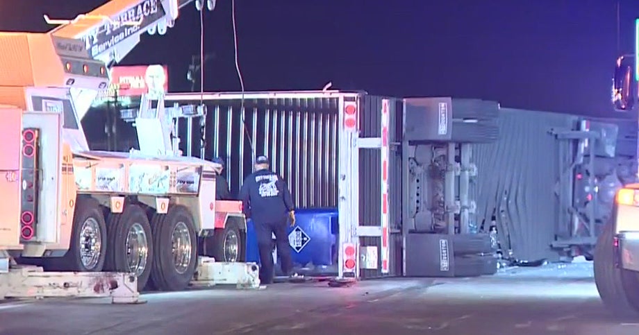 Truck Carrying Sulfuric Acid Overturns On Freeway Connector In Baldwin Park - CBS Los Angeles