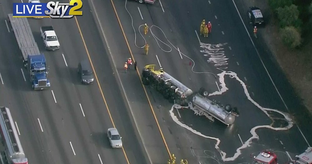 Tanker Truck Carrying 7,500 Gallons Of Fuel Overturns On 5 Freeway In Atwater Village - CBS Los ...