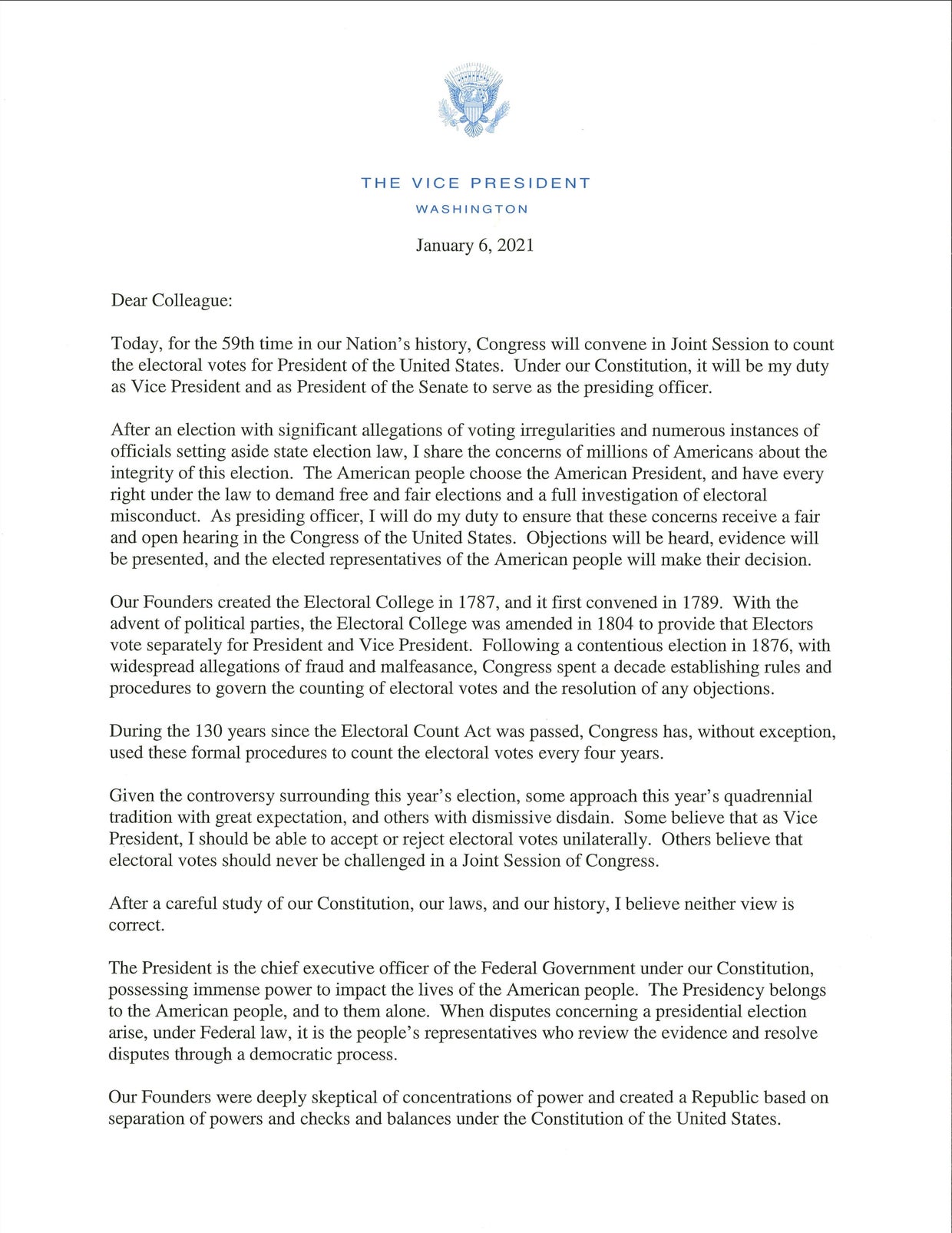 Read Pence's letter saying he lacks authority to decide election - CBS News