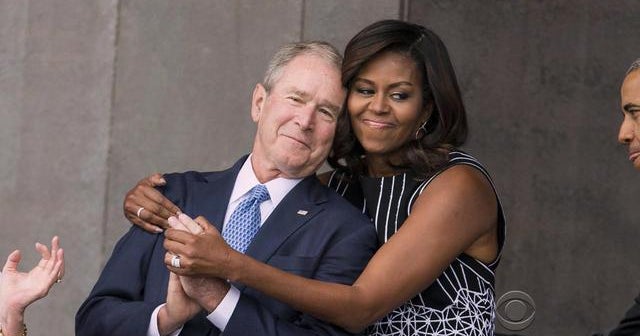 Bonding moment between former president Bush and Michelle Obama - CBS News