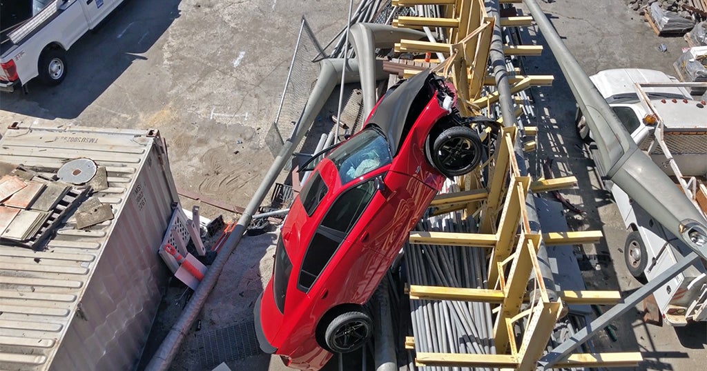 Car Flies Off Road Onto Metal Pipes at San Francisco DPW Lot - CBS San ...