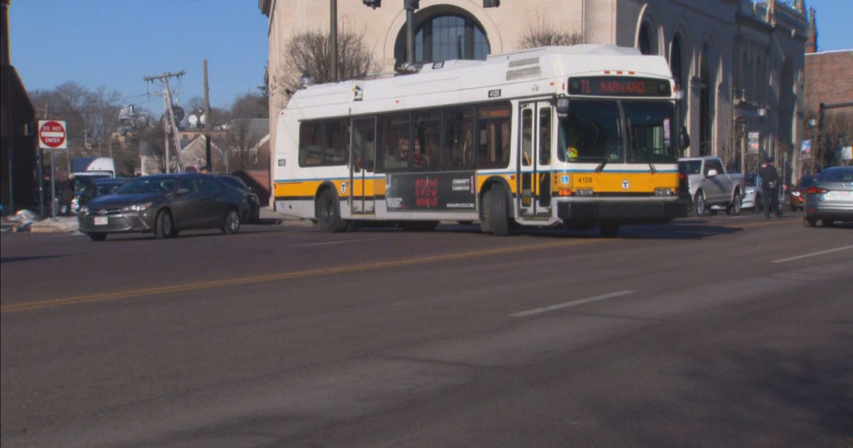 MBTA Bus Stuck In Watertown Square After Brakes Locked Up - CBS Boston