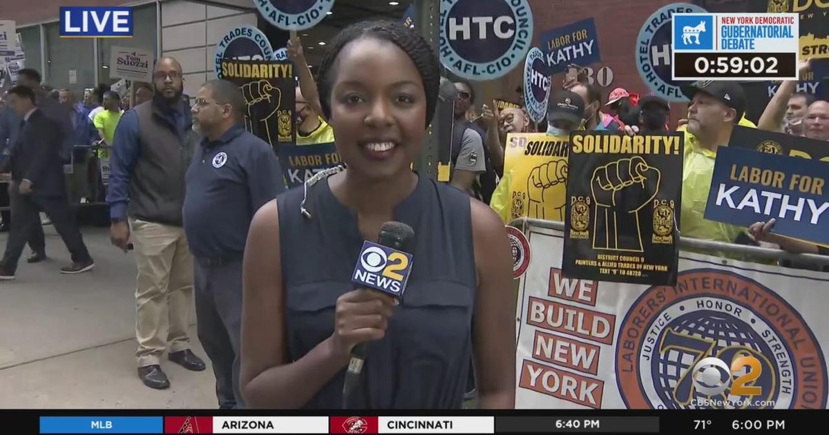 Supporters gather outside CBS2 Broadcast Center before Democratic ...