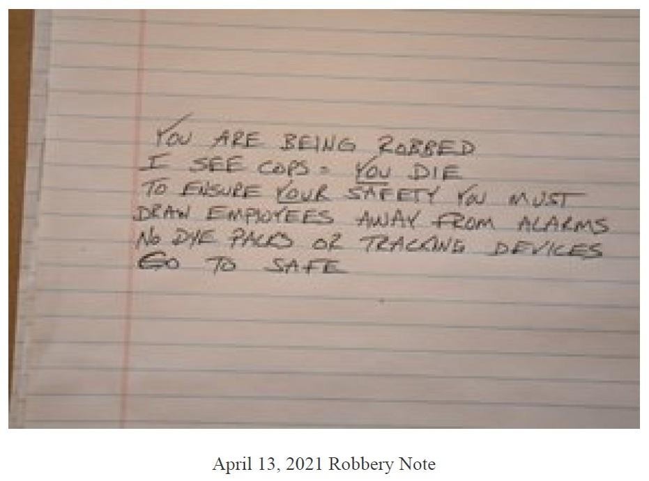 'I see cops=you die': Serial bank robber tracked down with note he left ...