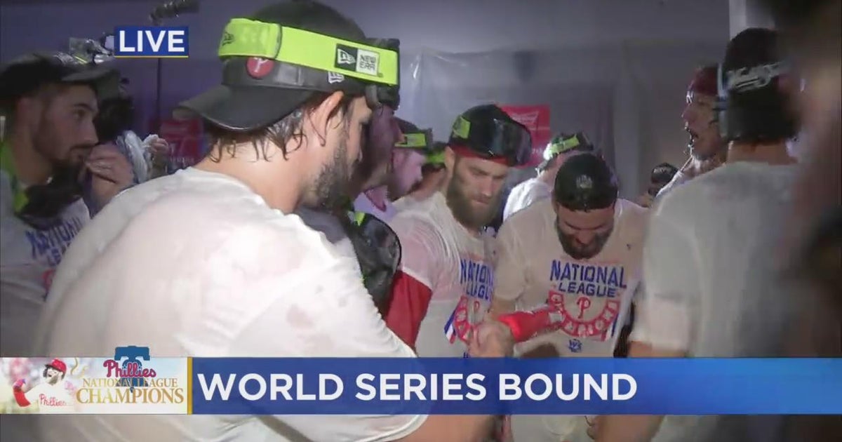 Phillies celebrate in clubhouse after NLCS win - CBS Philadelphia