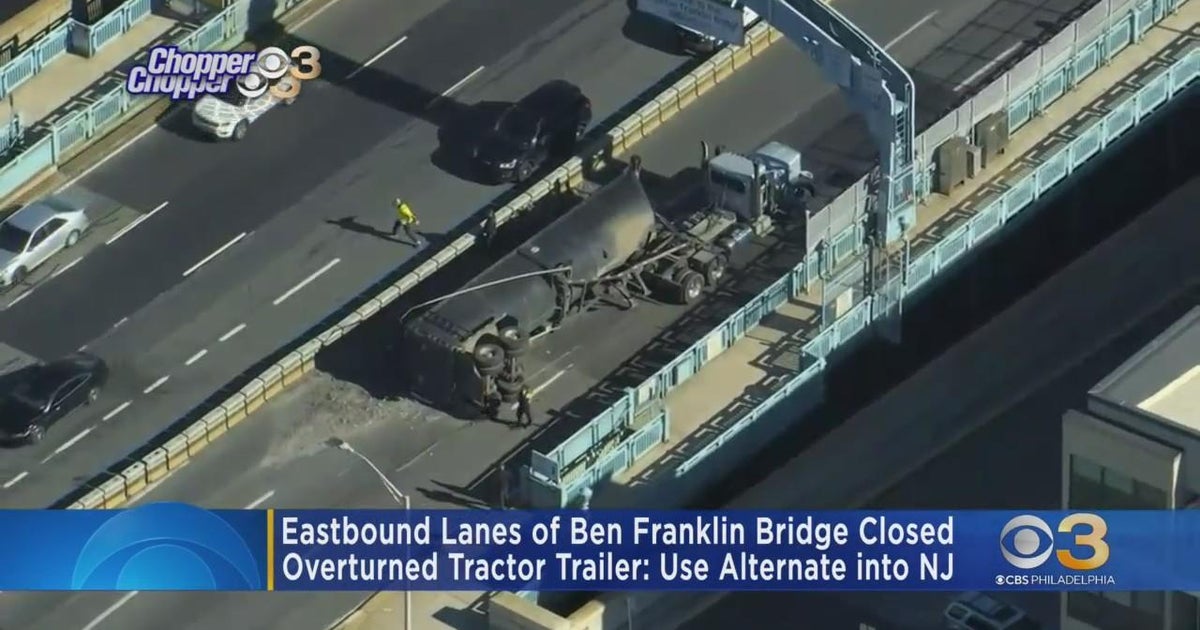 Overturned tractor-trailer stops Ben Franklin Bridge traffic - CBS ...