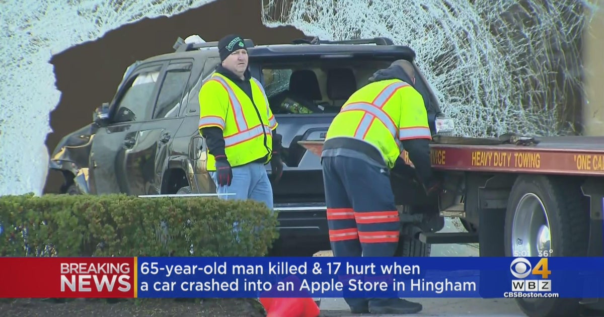 SUV towed from Apple Store crash scene in Hingham - CBS Boston