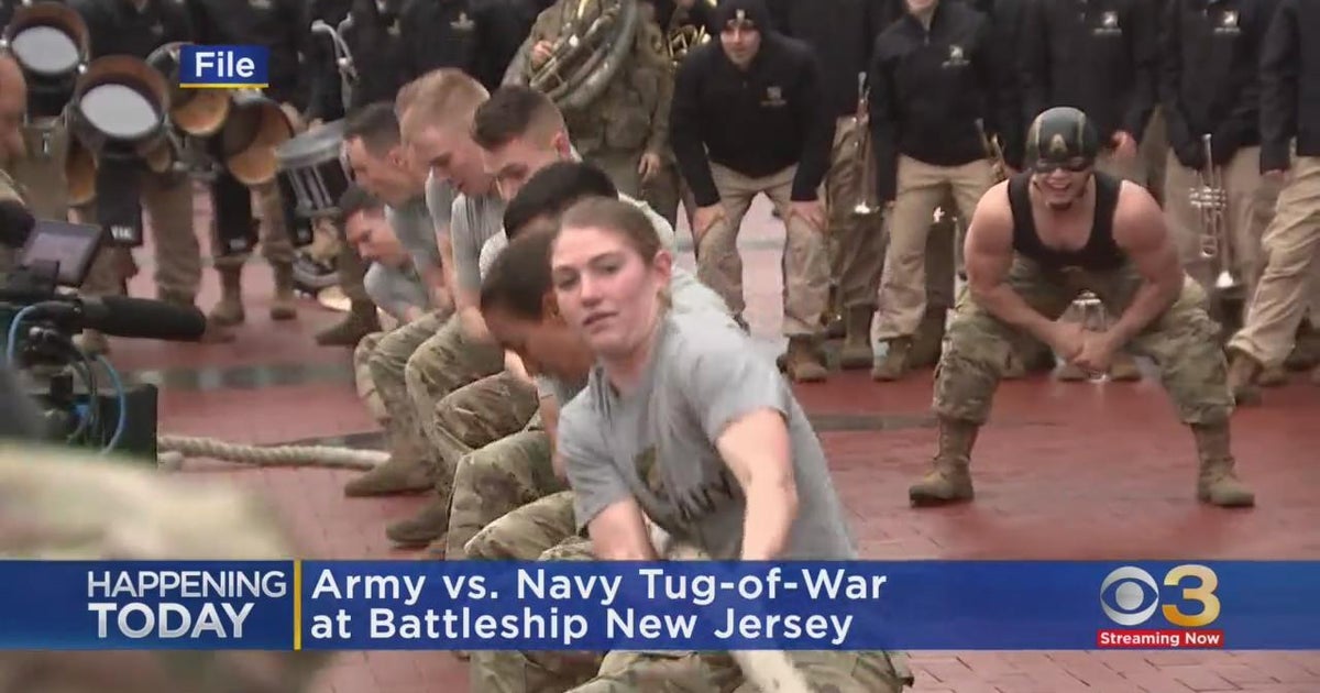 Army faces off against Navy in tug of war on Battleship NJ - CBS ...
