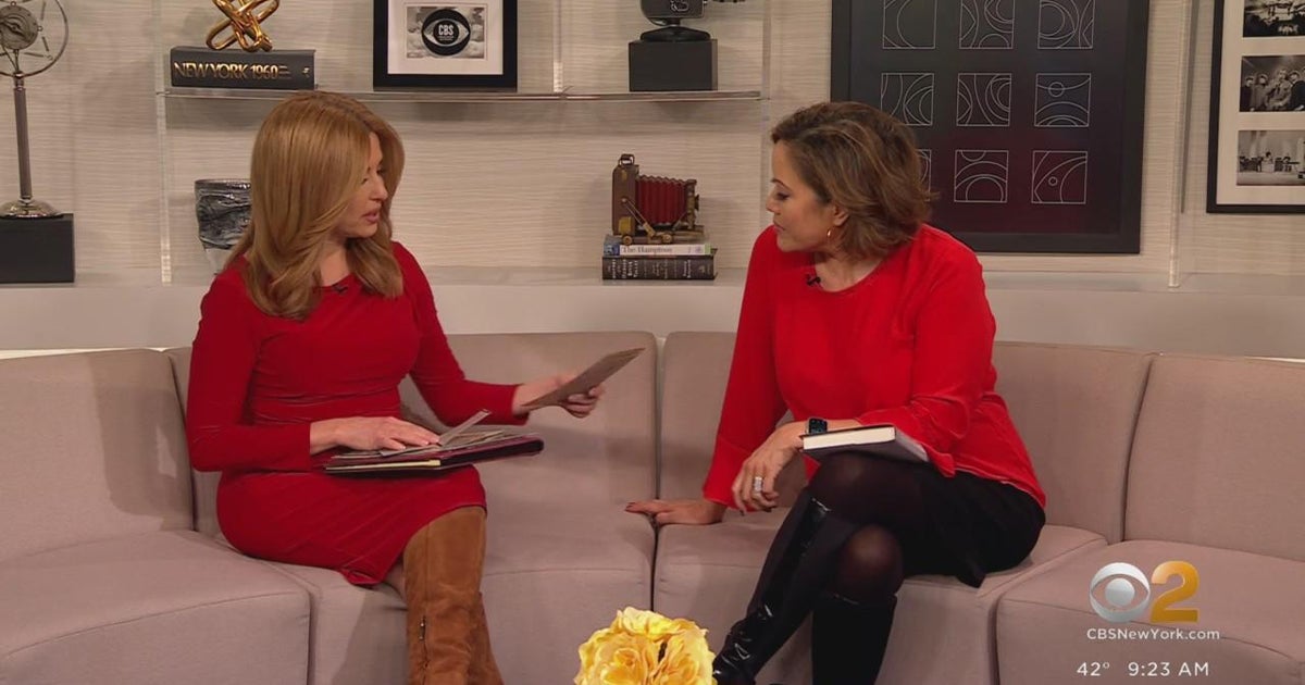 Mary Calvi on the couch talking about her new book - CBS New York