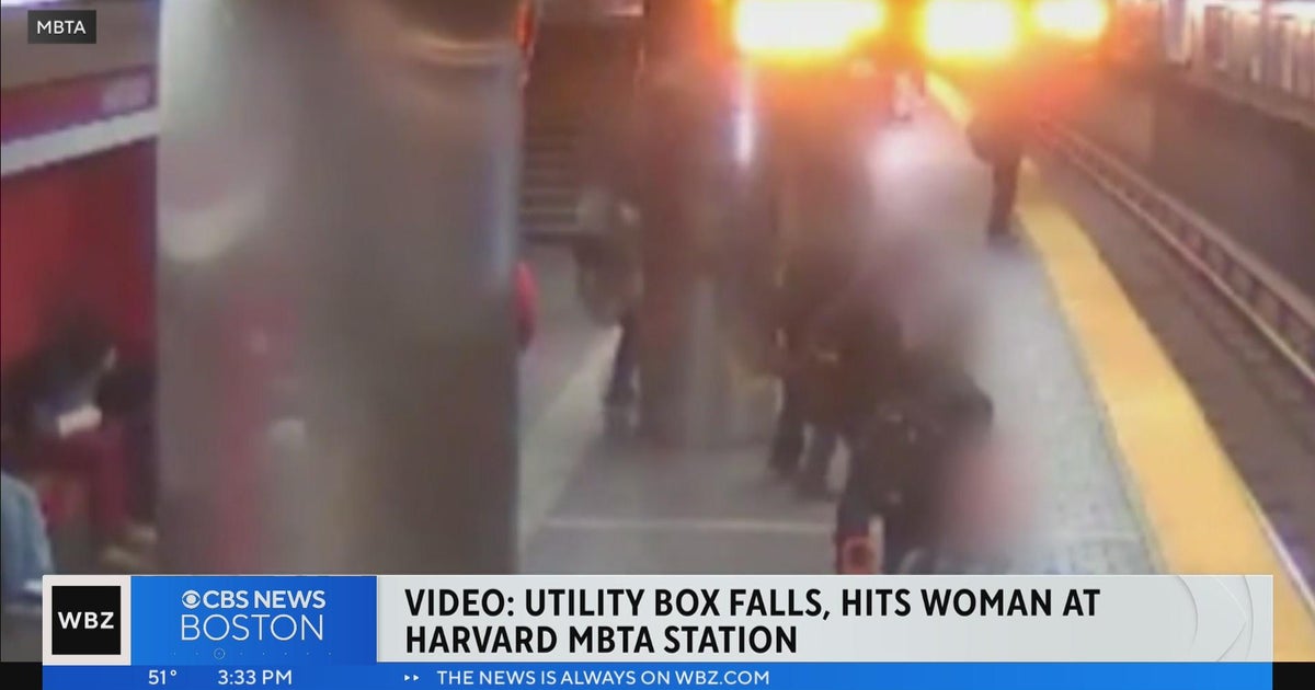 Video shows box falling and hitting woman at Harvard MBTA station - CBS ...