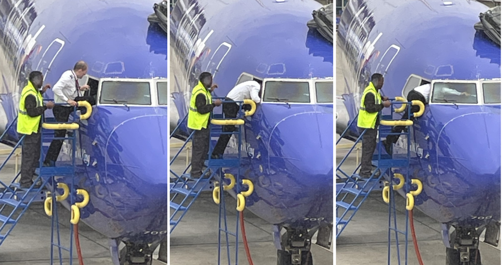 Photos show Southwest Airlines pilot climbing through window of locked ...