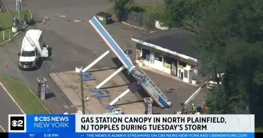 Gas station canopy in North Plainfield topples during storm - CBS New York