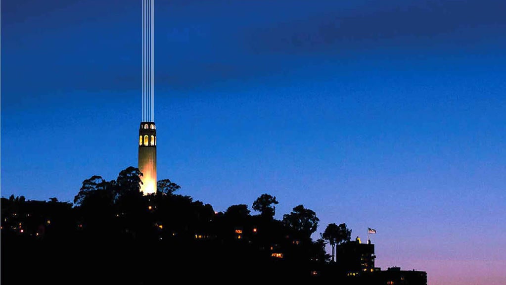 Laser light beams atop Coit Tower will shine high into San Francisco ...