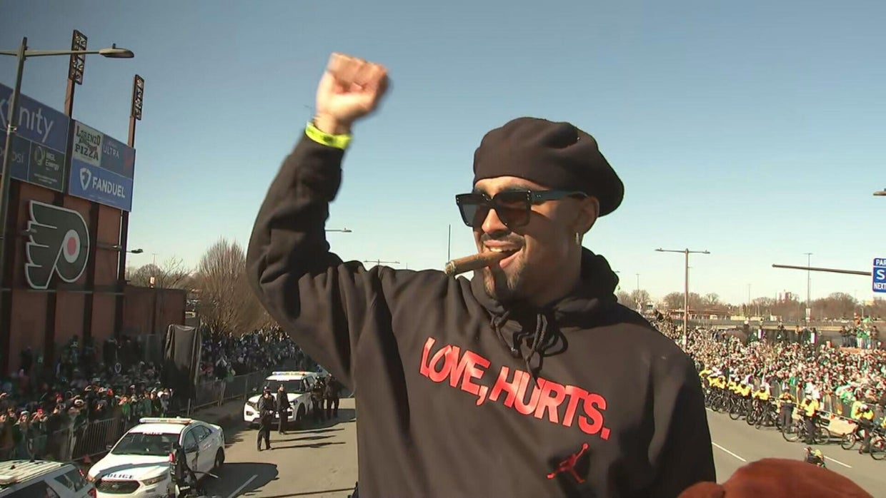 Jalen Hurts sports "Love, Hurts" hoodie during Eagles' Super Bowl 2025 ...