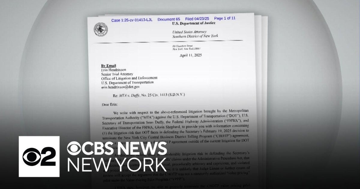 DOJ memo throws cold water of NYC congestion pricing case - CBS New York