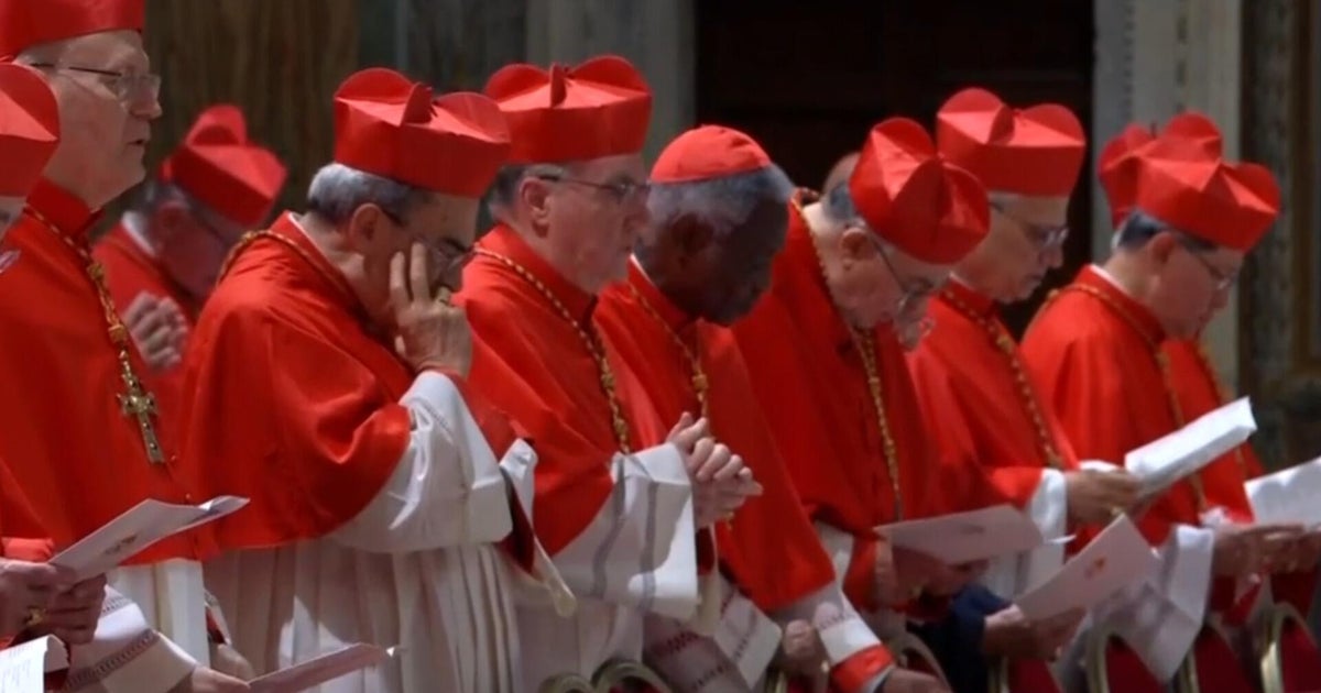 Cardinals inside Sistine Chapel for papal conclave, sing "Veni, creator ...