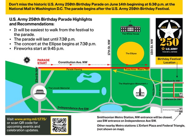 Maps show the route for Saturday's military parade in D.C. - KTSA
