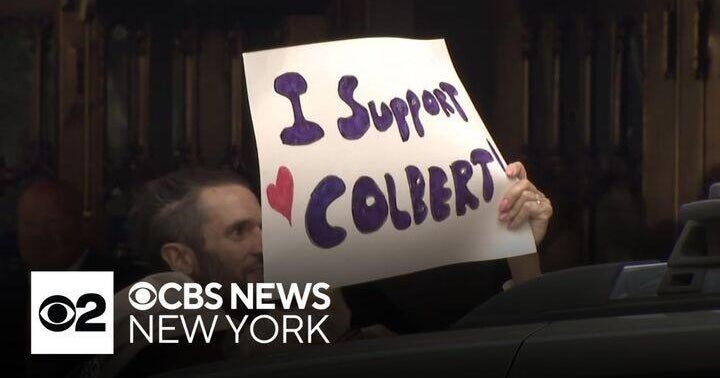 Crowd gathers in NYC to protest canceling of "The Late Show With ...