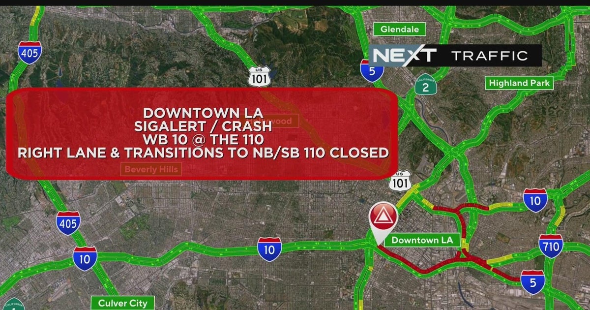 Westbound 10 Freeway transition to 110 Freeway in downtown Los Angeles ...