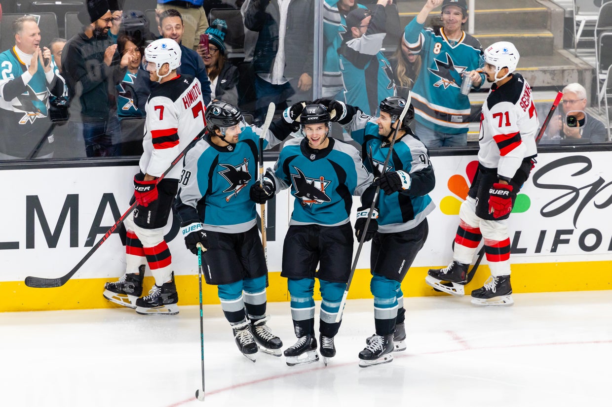 Sharks earn first home win of the season with victory over Devils - CBS ...