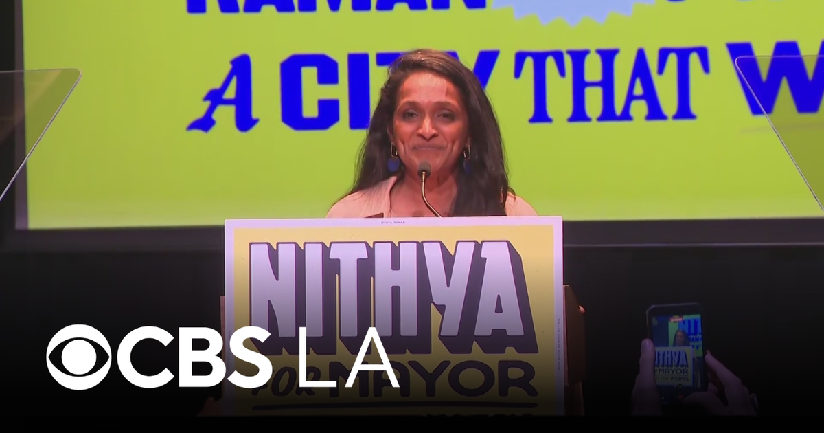 Councilmember Nithya Raman addresses supporters as early results for LA ...